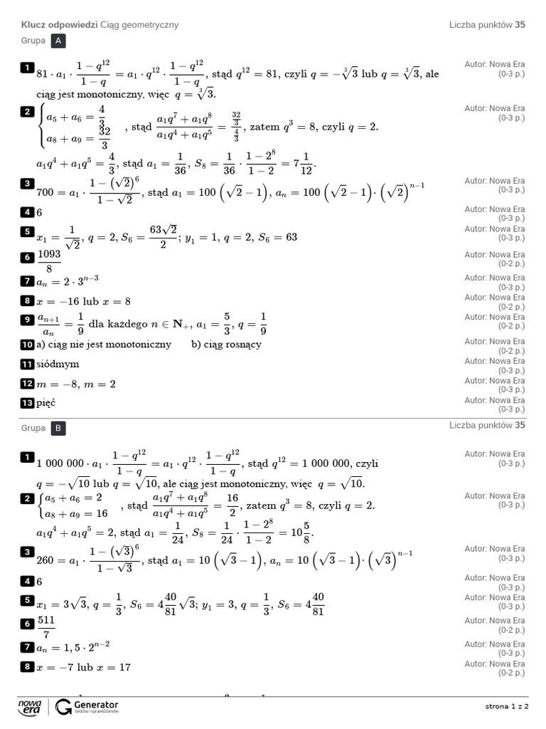 Ciąg Geometryczny Klucz Odpowiedzi | PDF