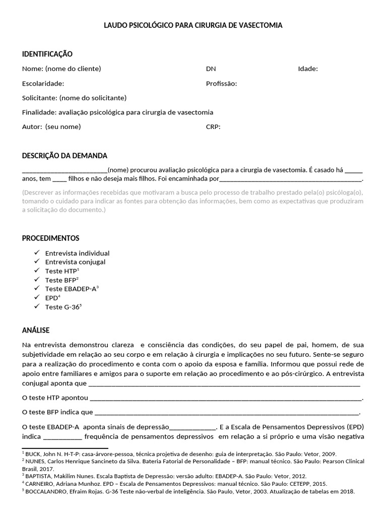 Modelo Laudo Vasectomia | PDF | Psicologia | Depressão