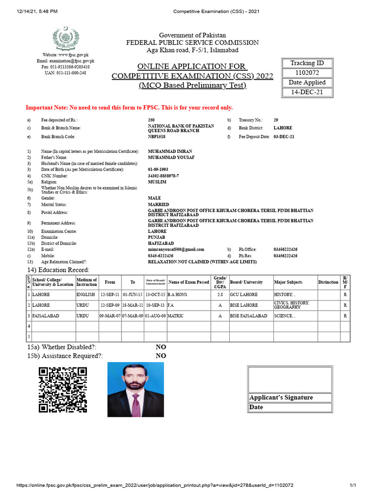 Competitive Examination (CSS) - 2021 IMRAN | PDF | Pakistan