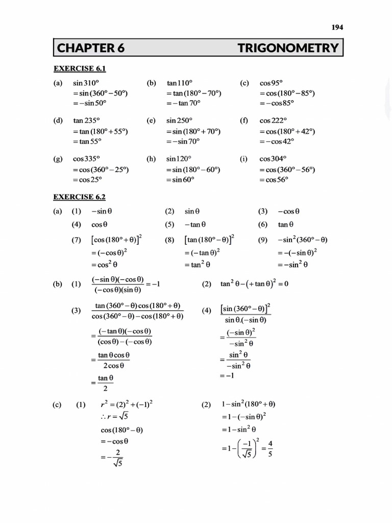 Trigonometry Chapter 6 Memorandum (Ex. 6.1 - 6.9) | PDF