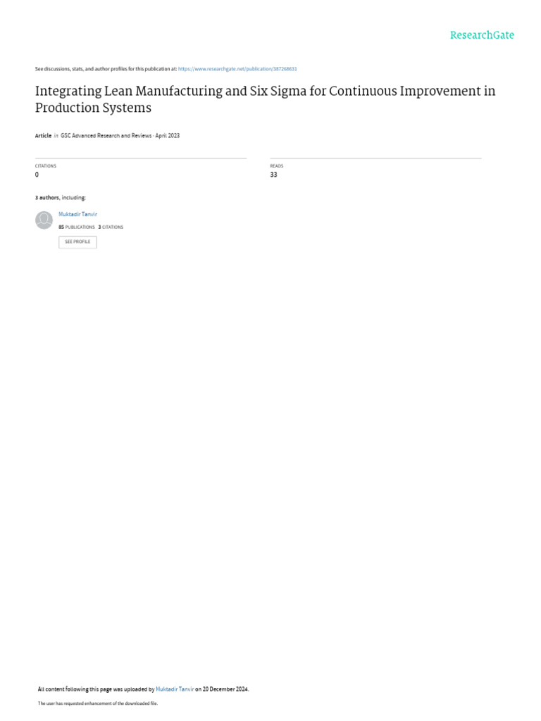 Integrating Lean Manufacturingand Six Sigmafor Continuous Improvementin Production Systems | PDF ...