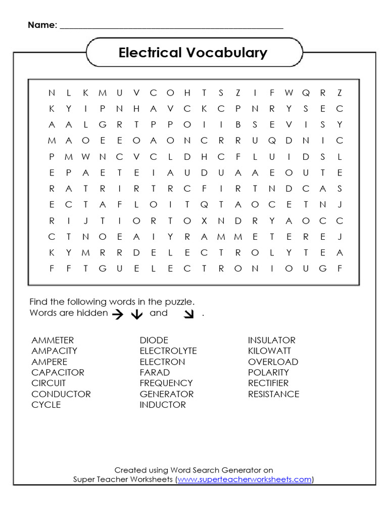 Electrical Vocabulary Word Search | PDF | Rectifier | Electric Current