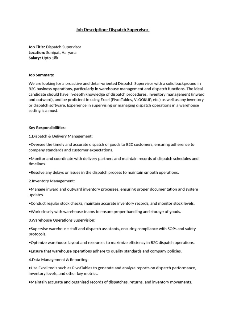 Dispatch Supervisor Job Description | PDF | Warehouse | Inventory