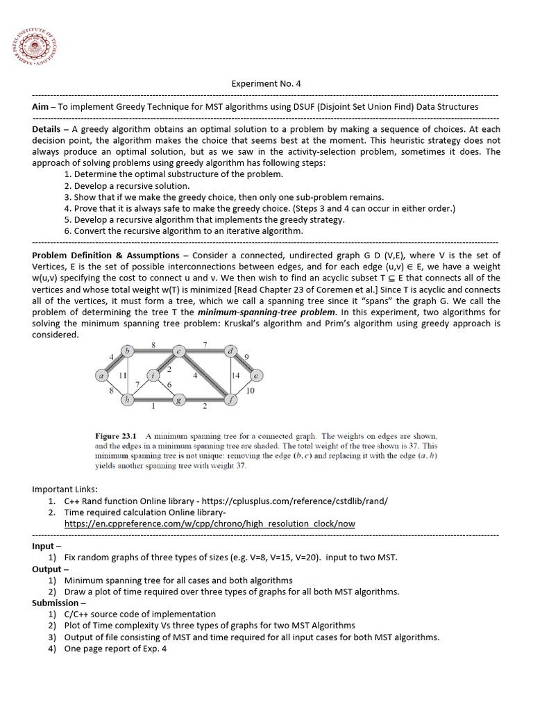 DAA CE Div A B Sem IV Lab Manual 2024 25 Exp4 MST | PDF | Computational Complexity Theory ...