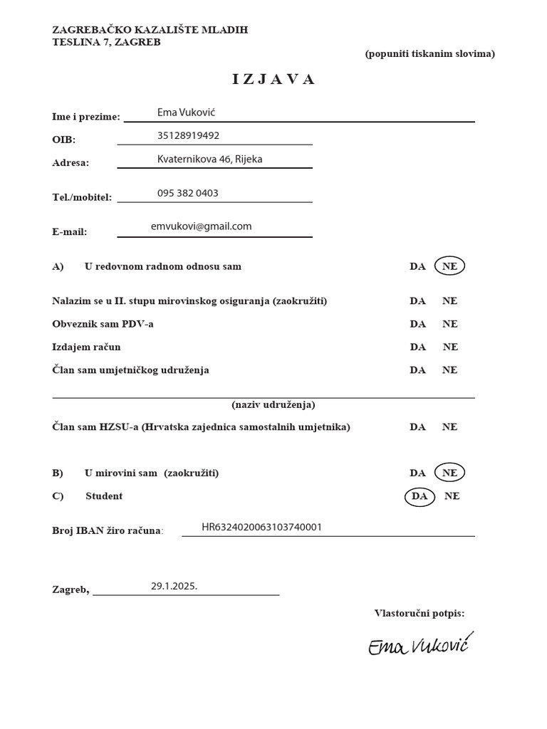 EmaVukovic Izjava Ugovor | PDF