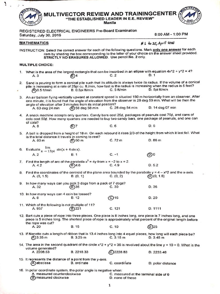 Preboard Exam For Mathematics | PDF