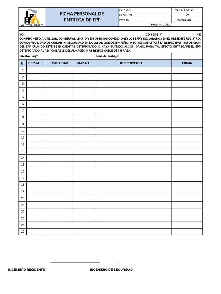Vil-Pl-S-03-14 Ficha Personal de Entrega de Epp | PDF