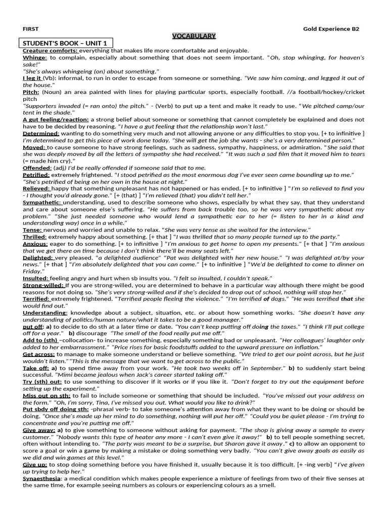 Vocabulary for Gold Experience B2 Unit 1 | PDF