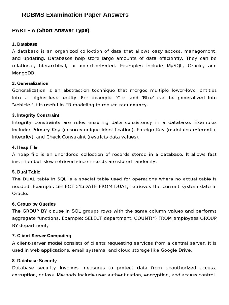 RDBMS Exam Answers Final | PDF | Databases | Relational Database