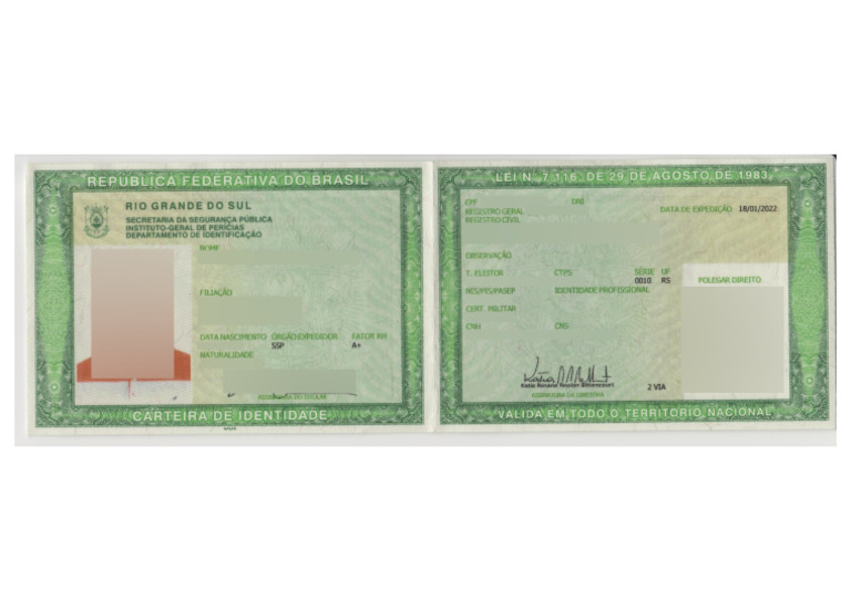 Brazilian Identity Card 2nd Standardized Model 2019 2022 v0 ...