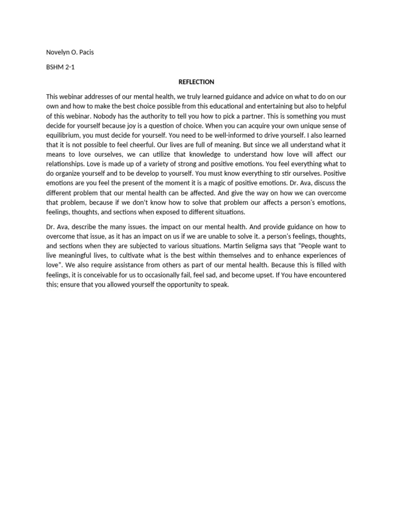 Reflection Paper On Mental Health | PDF