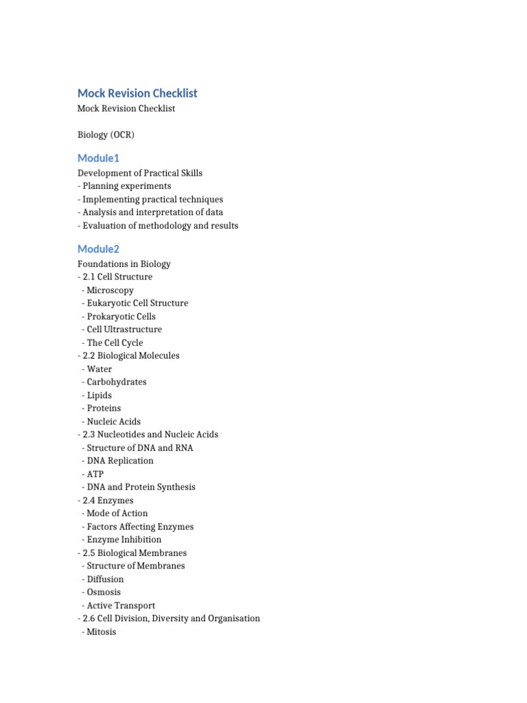 Mock Revision Checklist | PDF | Cell (Biology) | Biology