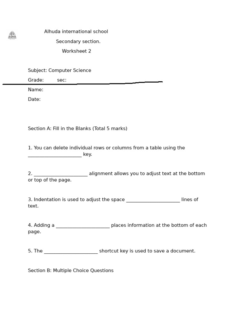 Computer Science Worksheet for Secondary Students | PDF