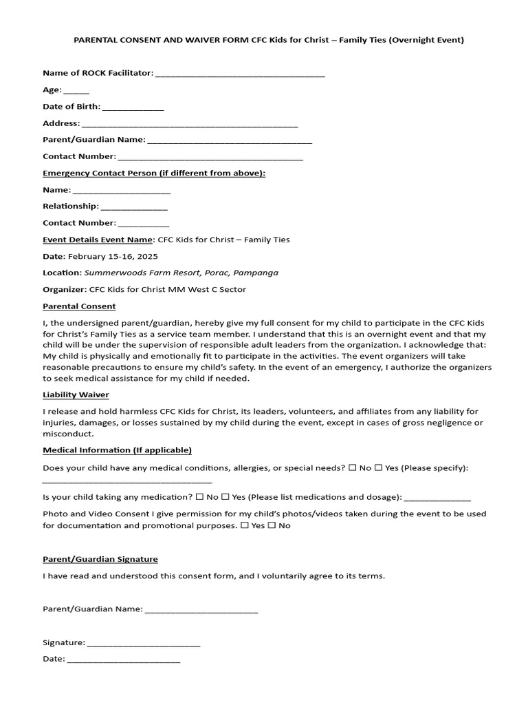 CFC Kids for Christ Consent Form | PDF