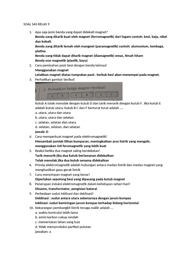 Soal SAS Kelas 9: Magnet dan Reaksi Kimia | PDF