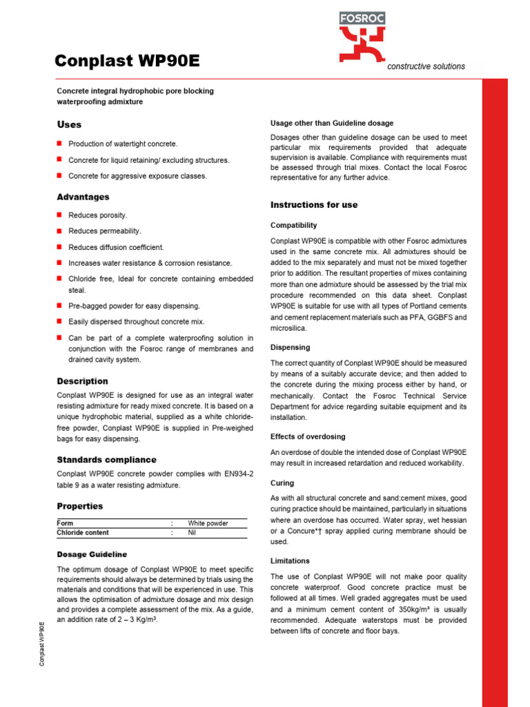 Conplast WP90E Waterproofing Admixture | PDF | Concrete | Materials