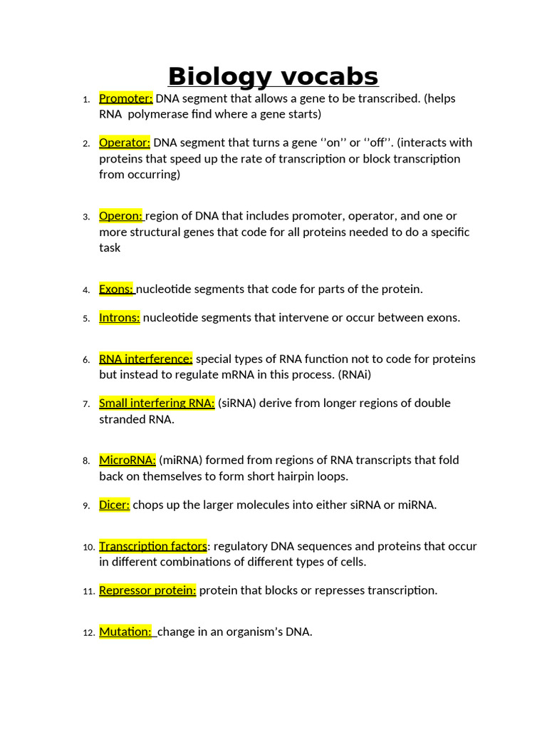 Biology Vocabs Grade 12 | PDF | Dna | Gene