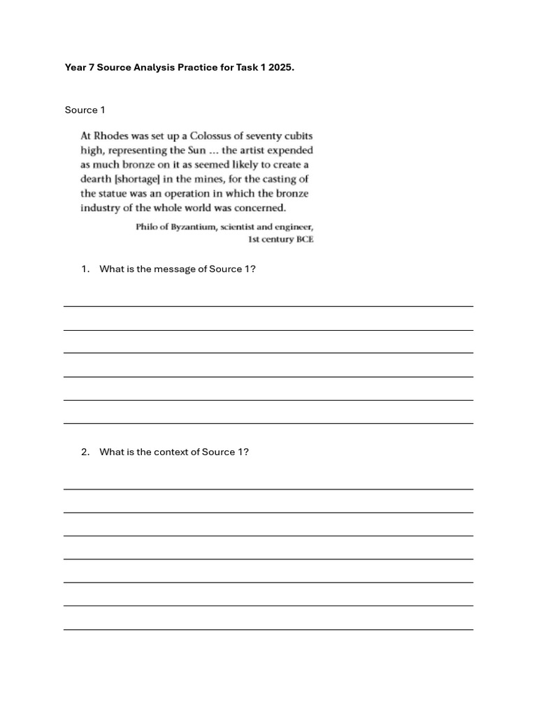 Year 7 Source Analysis: Colossus of Rhodes | PDF