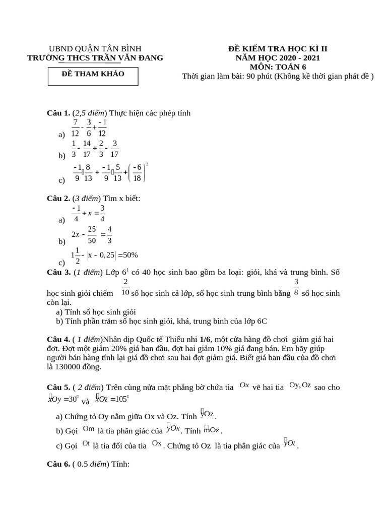 Toan 6 - TVD - de TK HK2 - 2020 - 2021 | PDF