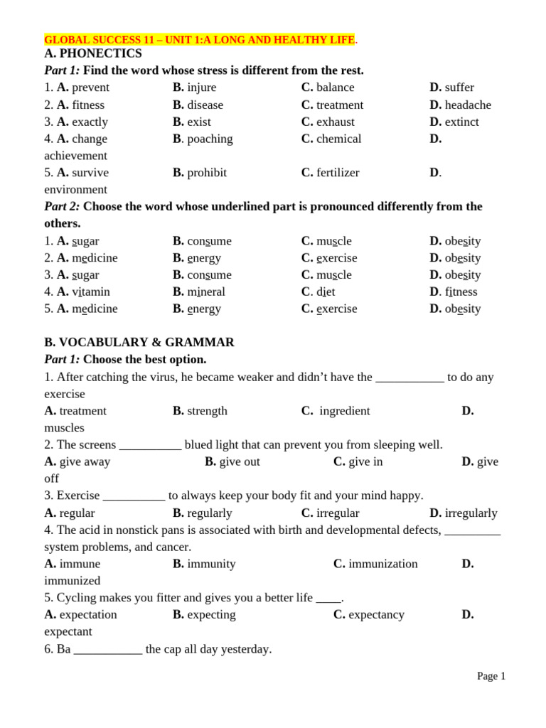 Bai Tap Bo Tro Unit 1 A Long and Healthy Life Global Success 11 | PDF ...