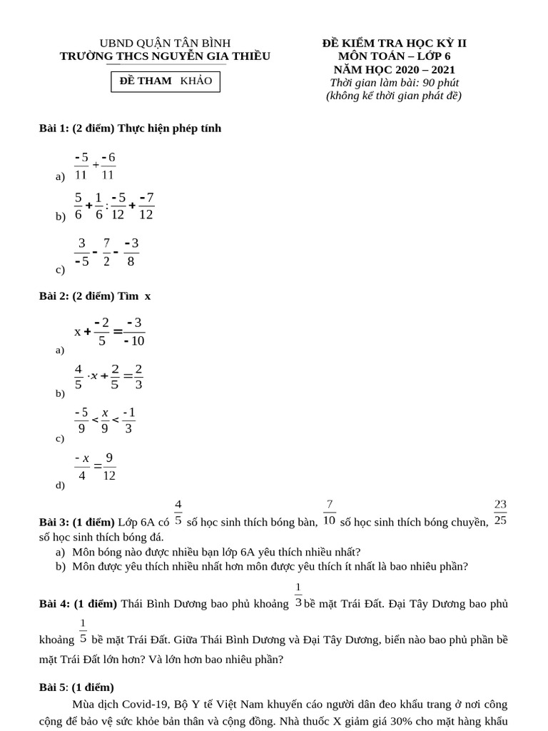 Toan 6 - NGT - de TK HK2 - 2020 - 2021 | PDF