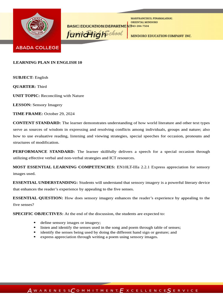 Alexis Detailed Lesson Plan - Sensory Imagery. | PDF | Senses | Taste