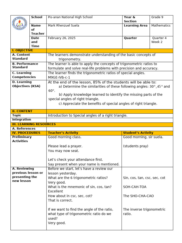 daily lesson plan grade 9 | PDF | Trigonometry | Triangle