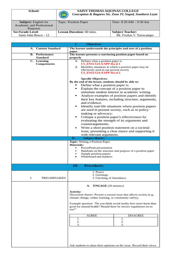 Position Paper Lesson 1 2nd Quarter | PDF | Argument | Policy