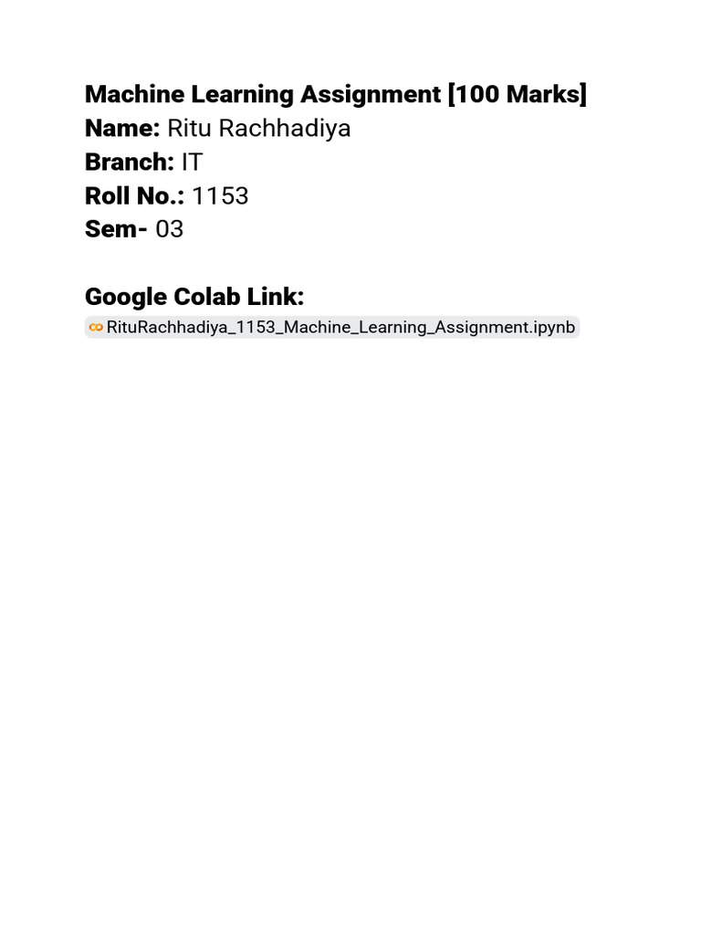 RituRachhadiya 1153 Machine Learning Assignment | PDF
