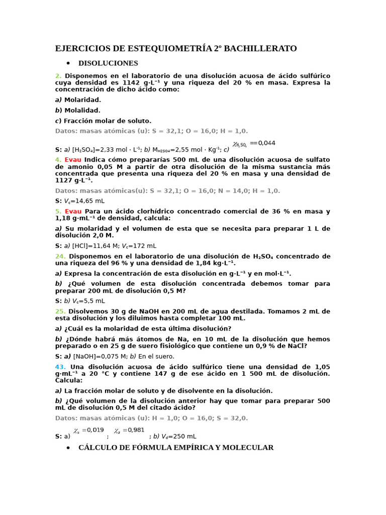 Ejercicios de Estequiometría 2º Bach 23-24 | PDF | Concentración | Ácido clorhídrico