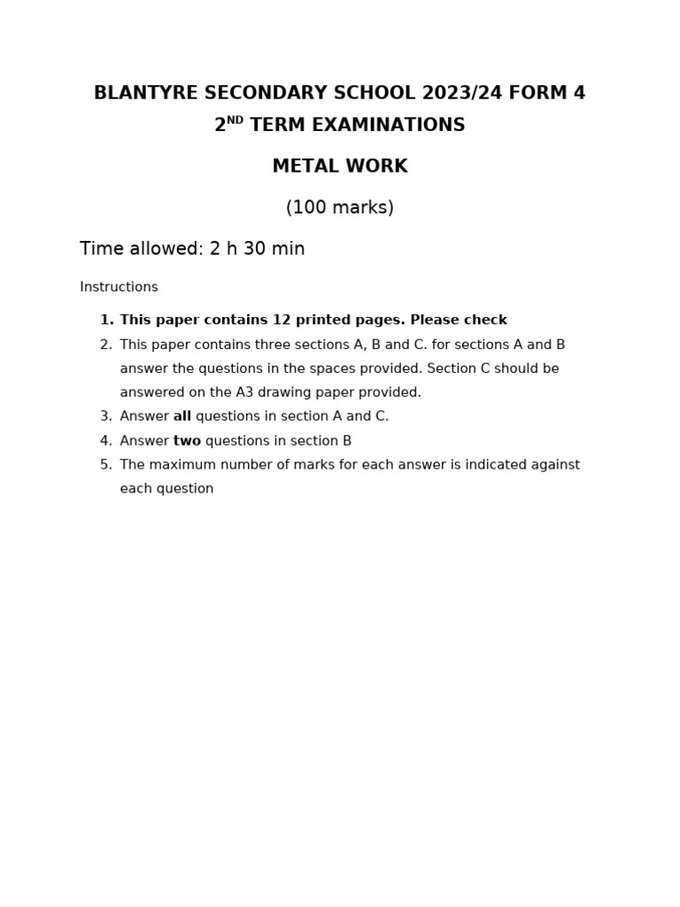 Blantyre School Metal Work Exam 2023/24 | PDF | Mechanical Engineering ...