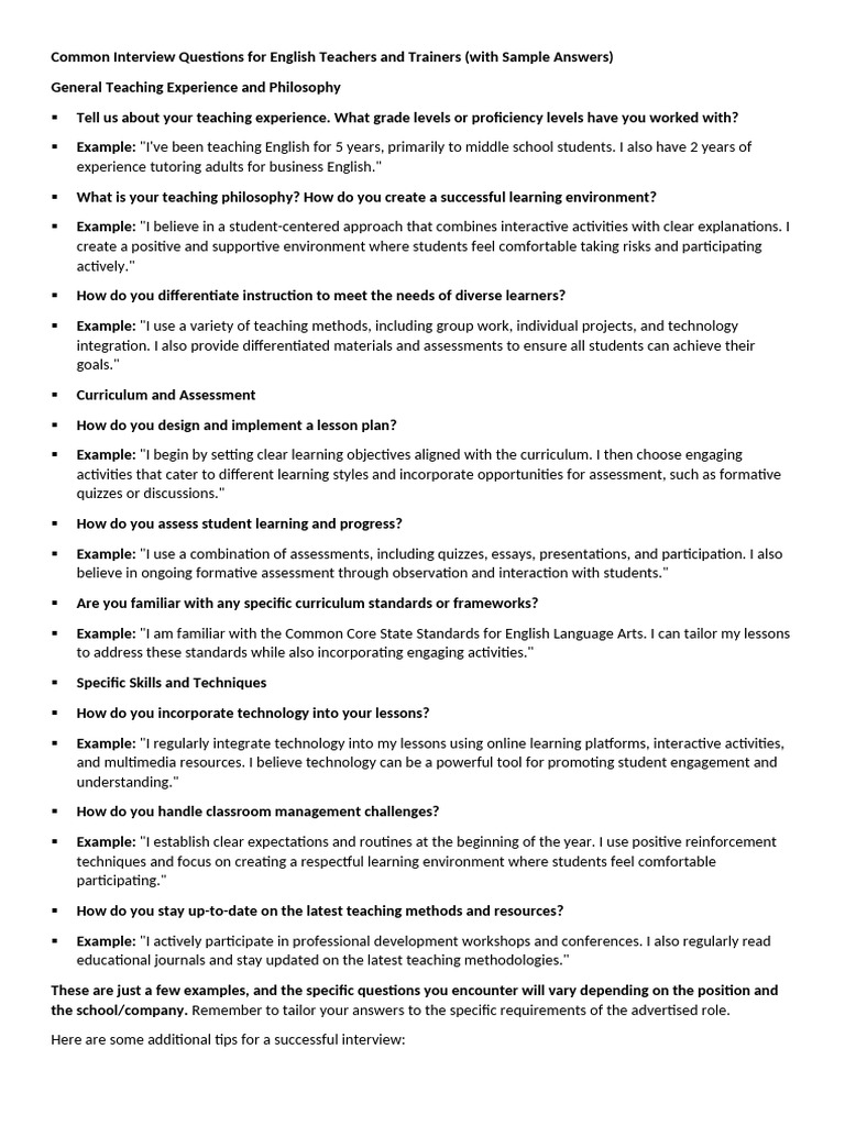 Common Interview Questions for English Teachers and Trainers | PDF ...