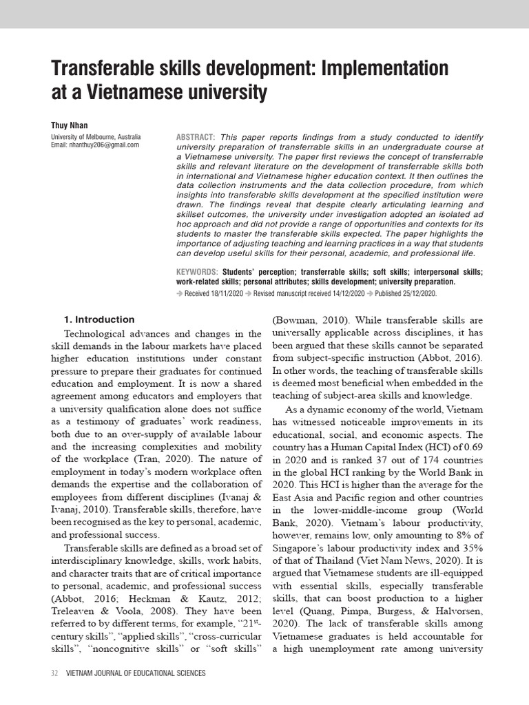 4 - Transferable Skills Development - Implementation at Vietnamese University | PDF | Curriculum ...