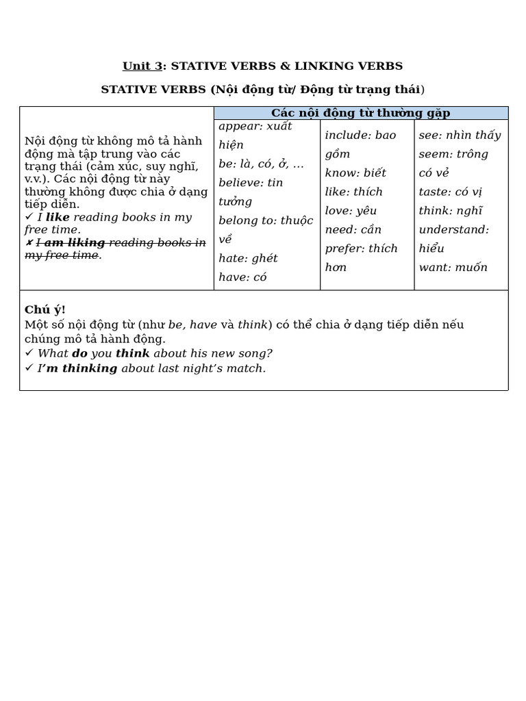 Unit 3 Stative Verbs and Linking Verbs | PDF