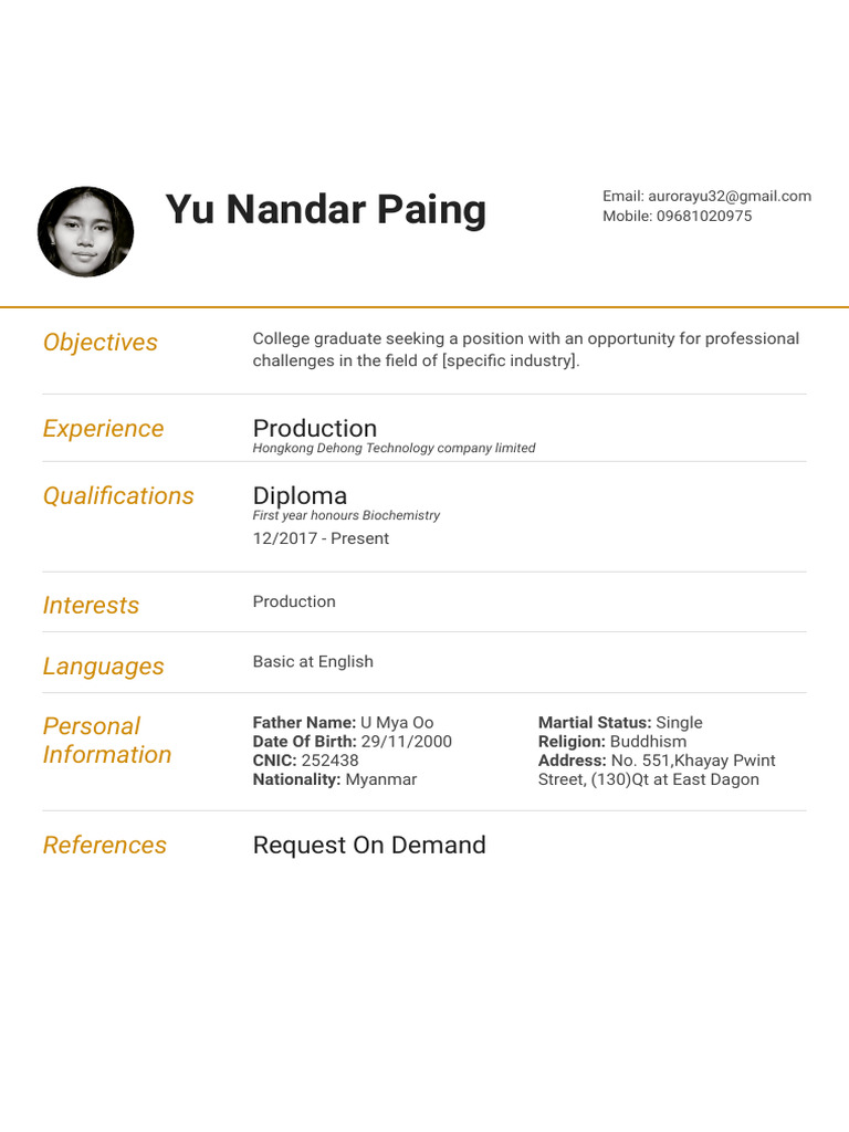 Yu Nandar Paing: Objectives Experience Qualifications | PDF