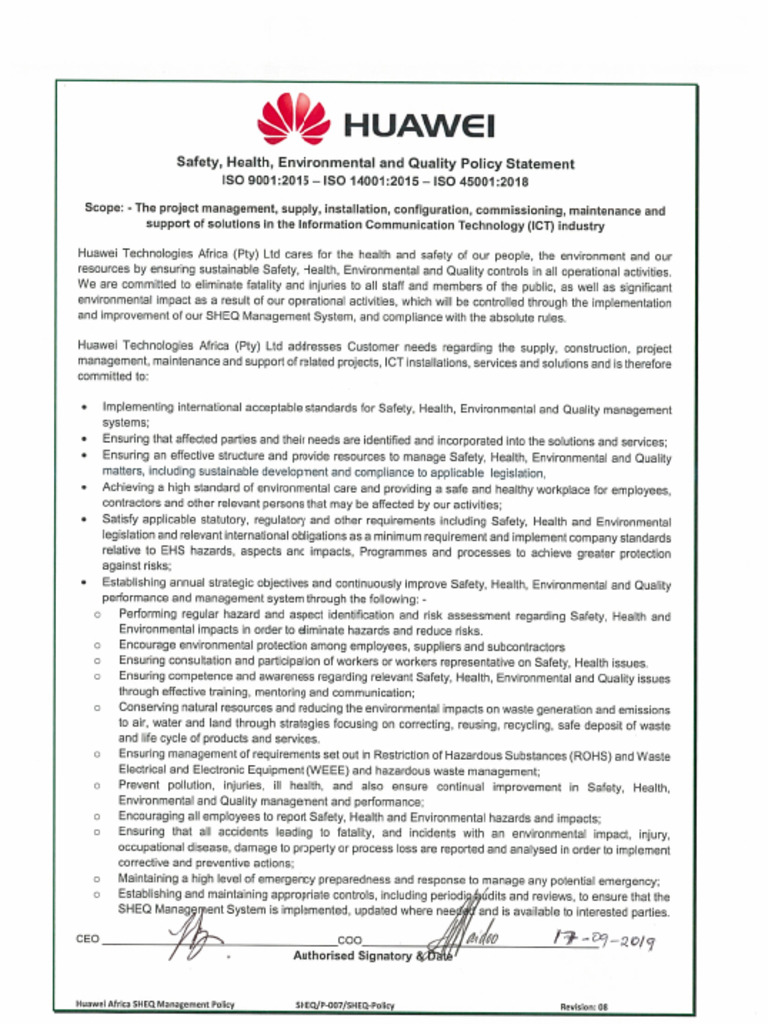 SHEQ P007 SHEQ Policy V08 | PDF