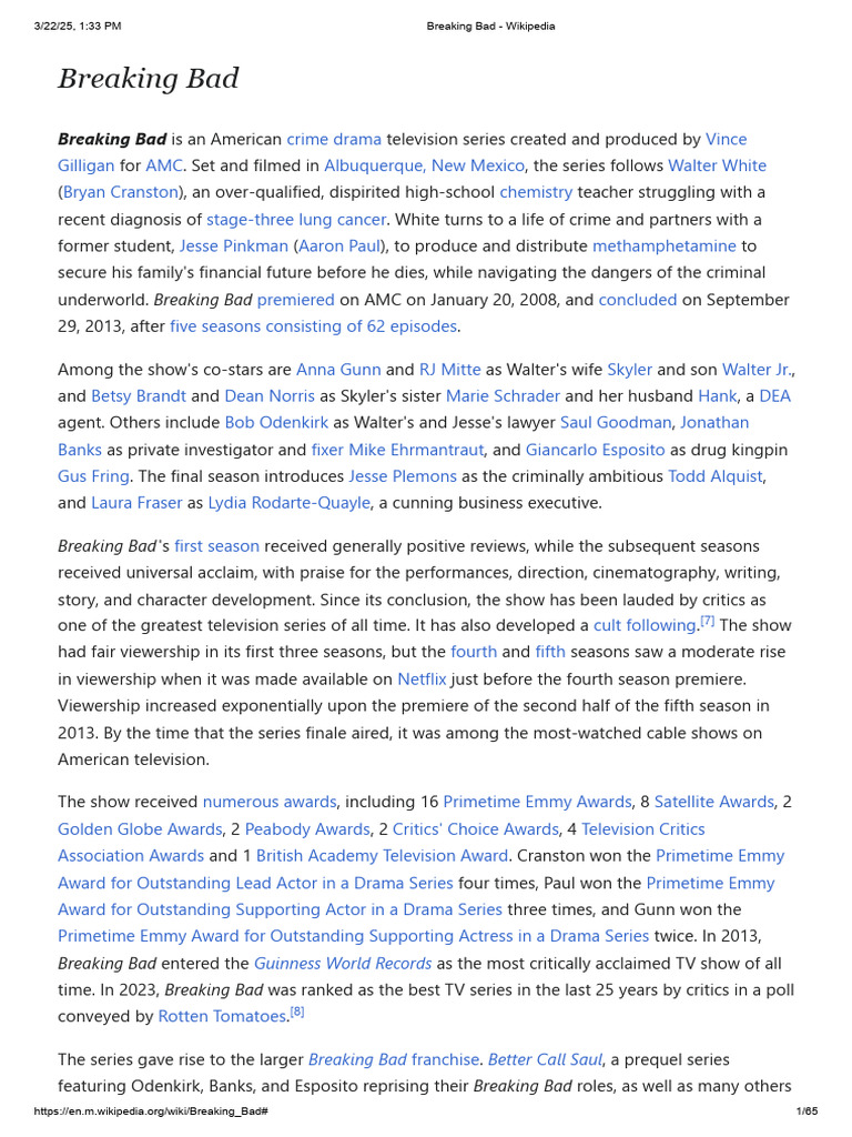 Breaking Bad: A Crime Drama Overview | PDF