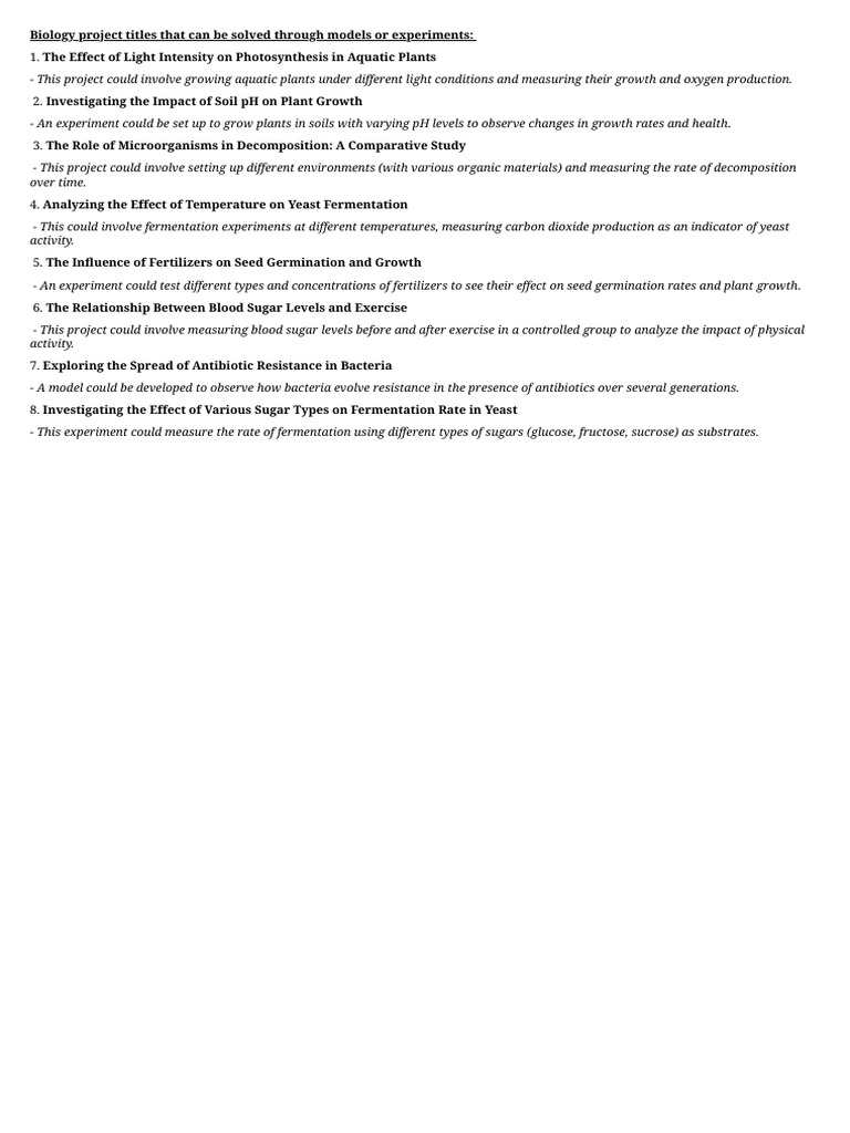 Biology Project Ideas for Experiments | PDF