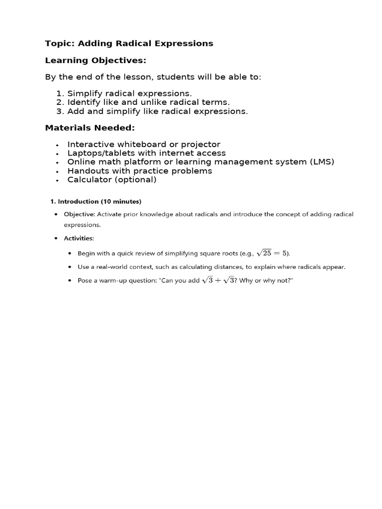 Lesson Plan - Adding of Radicals | PDF