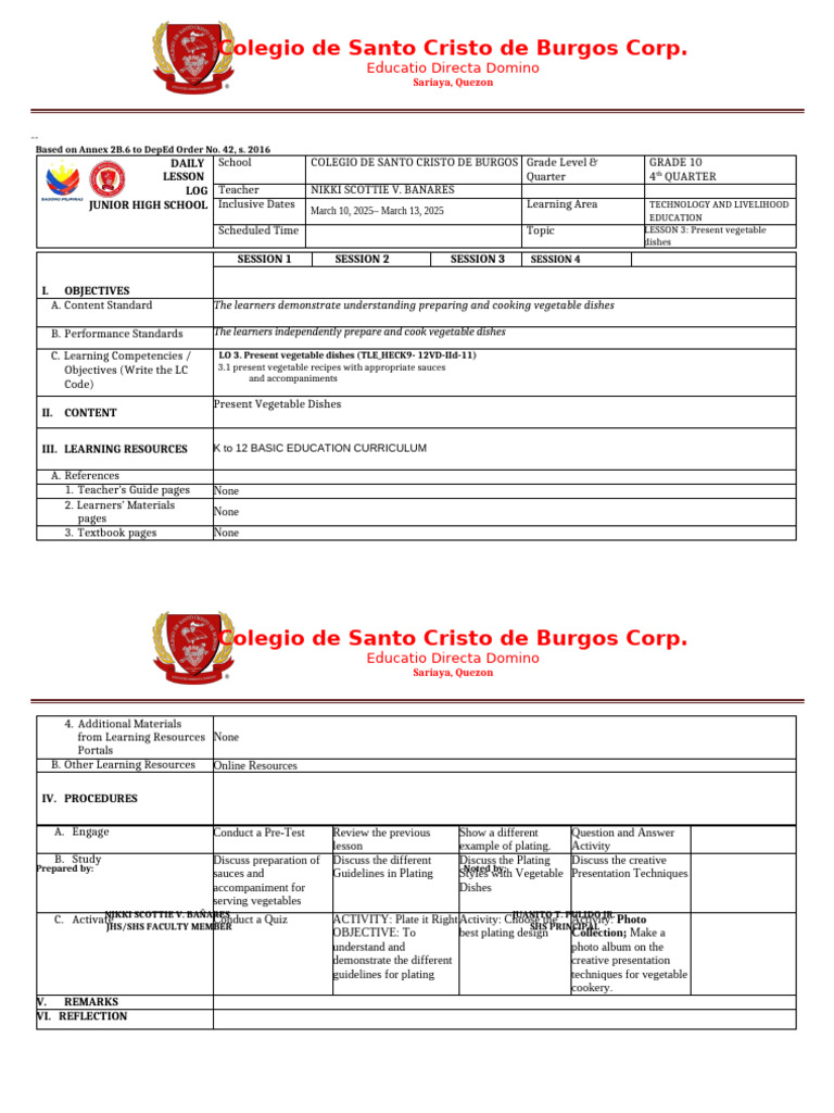 4th Quarter DLL Lesson 4 TLE 10 | PDF | Teaching | Learning