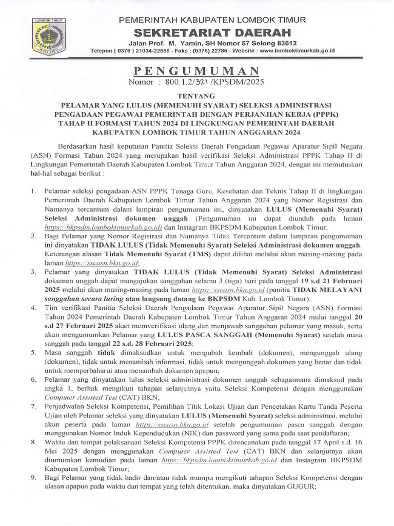 Pengumuman Hasil Verifikasi Masa Sanggah Seleksi Administrasi PPPK Tahap 2 Tahun 2024 - Kab ...