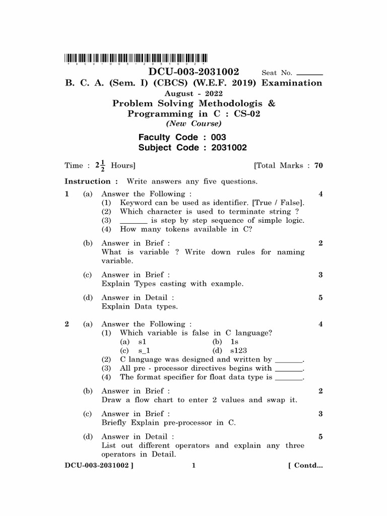 Bca Sem-1 (Remi-2019) August-2022cs-02 Problem Solving Meth.& Programming in C | PDF