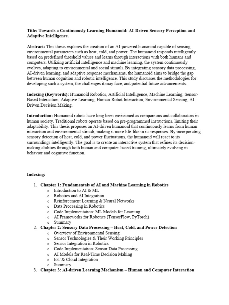 Towards A Continuously Learning Humanoid, AI-Driven Sensory Perception and Adaptive Intelligence ...