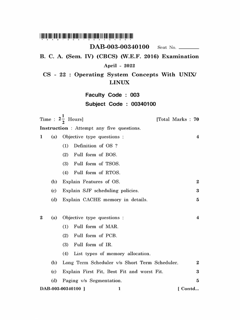 BCA SEM-4(MBP)(2016) April-2022 CS-22 OPERATING SYS. CONCEPTS WITH UNIX_LINUX | PDF