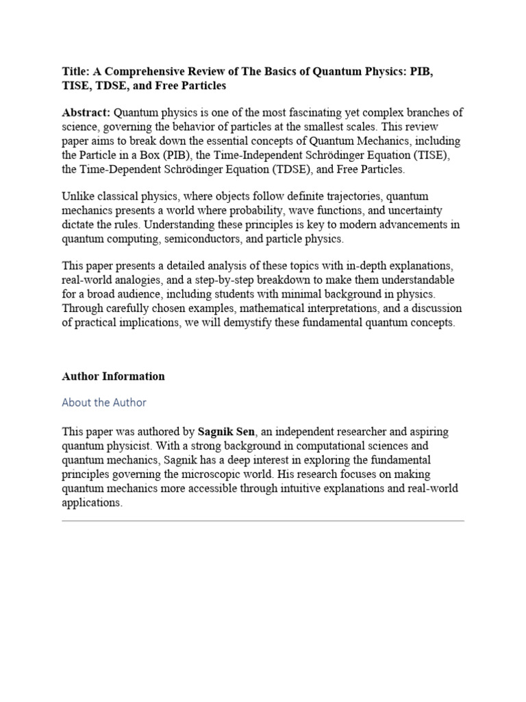 A Comprehensive Review of The Basics of Quantum Physics PIB J TISE J ...