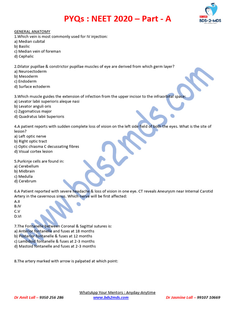 PYQ%20-%20NEET%202020%20-%20Part%20A%20-%20qp | PDF | Medical Specialties