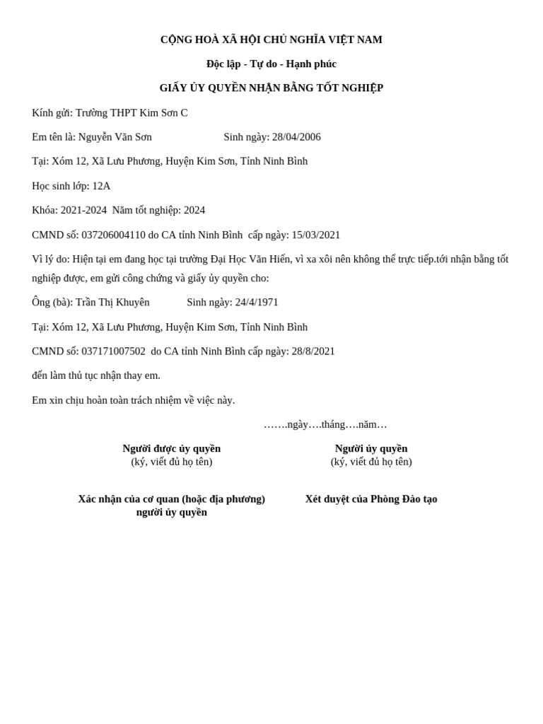 Giay Uy Quyen Nhan Bang Tot Nghiep THPT | PDF