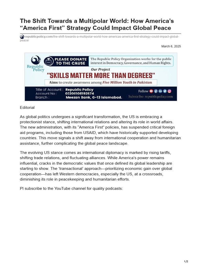 Impact of America's "First" Strategy on Peace | PDF | Aids | Protectionism