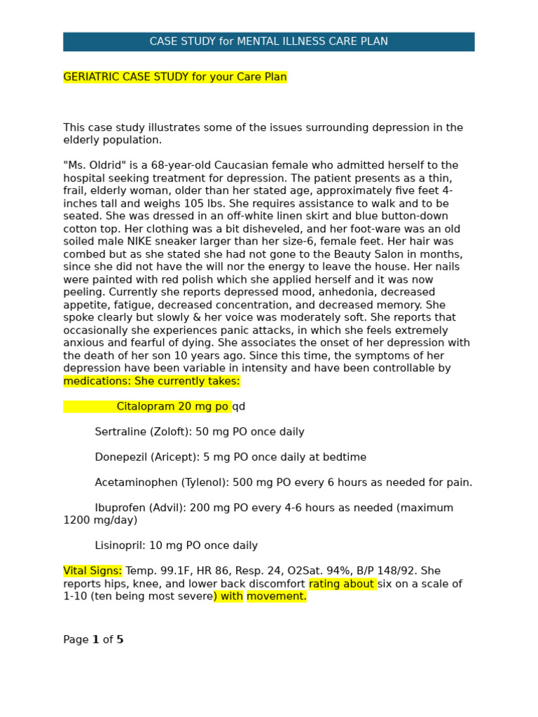 Geriatric Case Study For Your Care Plan | PDF | Major Depressive ...