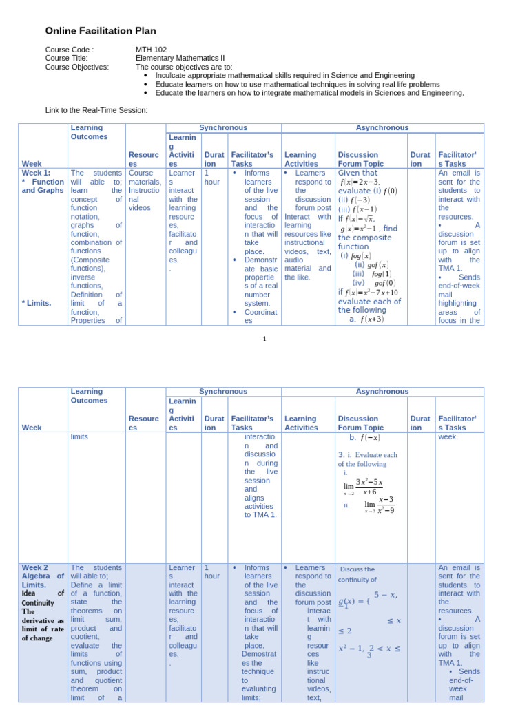 NOUN Online Facilitation Plan MTH 102 | PDF | Learning | Mathematics